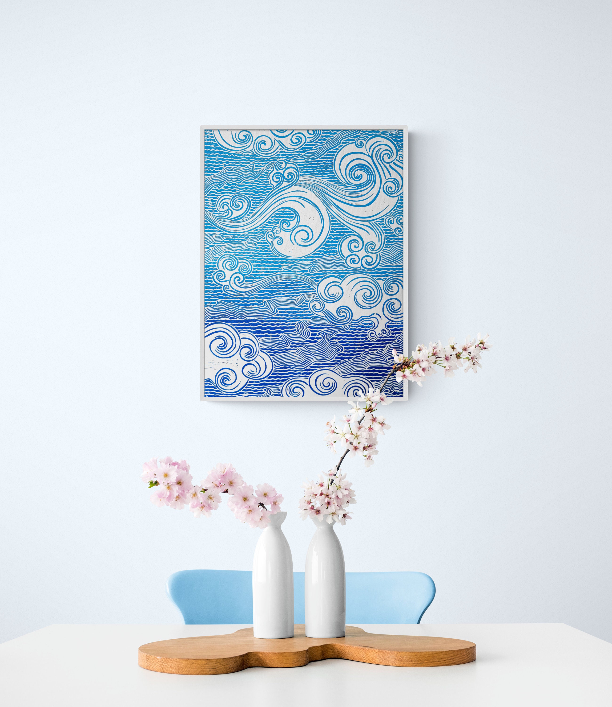 Linocut Print Blue Japanese Clouds Art Original Artwork | Etsy