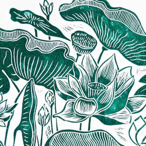 Japanese Lotus Flower Linocut Print Botanical Original Artwork ...