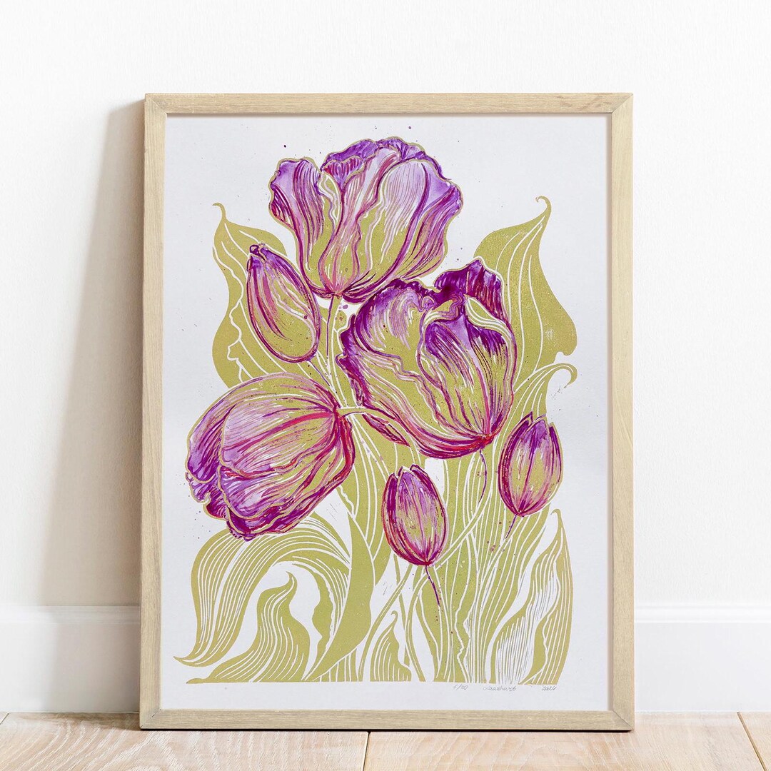 Flower Lino Print Tulip Botanical Original Art Spring Wall Decor Floral ...
