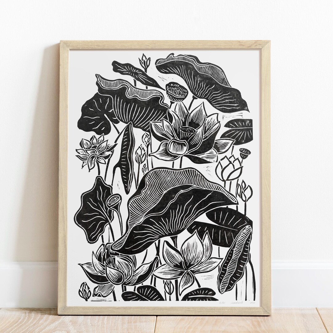 Linocut Print Lotus Original Art Flower Lino Print Printmaking Art ...