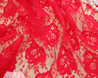 Red lace fabric | Etsy