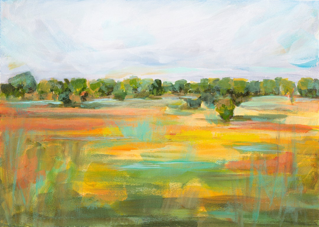 Abstract Landscape Canvas Print, Green, Blue, Orange Unstretched Fine ...