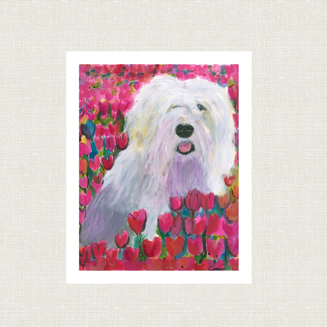 SHEEPDOG Dog Art Print in Colorful Pink Tulip Flower Field for Dog ...