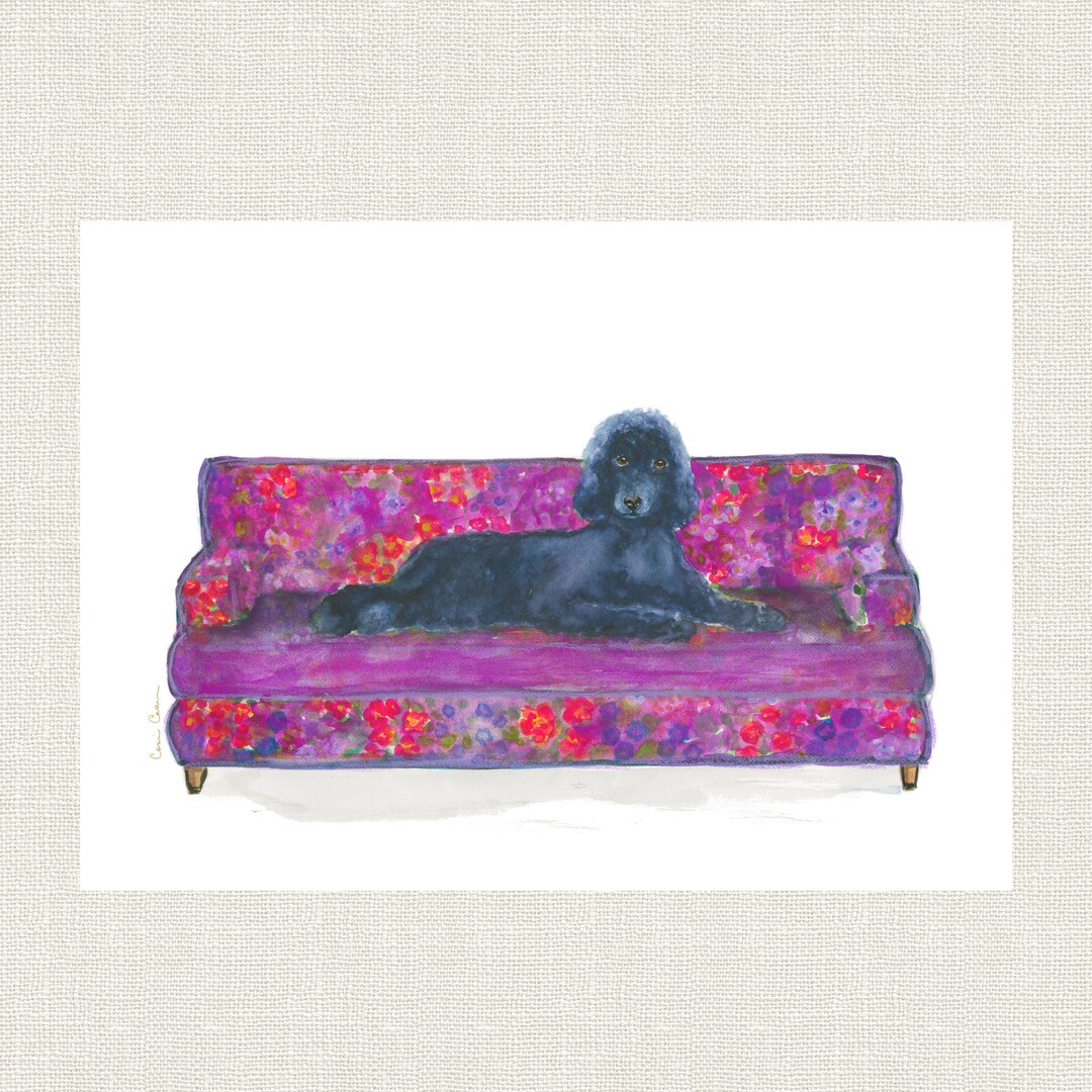 Poodle Dog Art Print, Black Poodle Wall Decor, Poodle on Floral Sofa ...