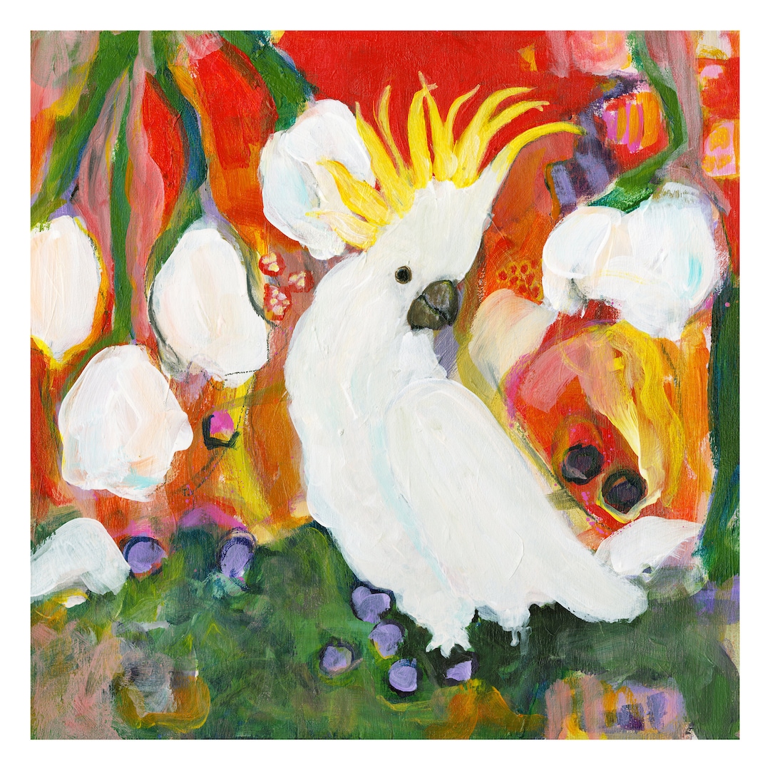 COCKATOO ART PRINT, Cockatoo Bird With White Flowers in Grapevine Art ...