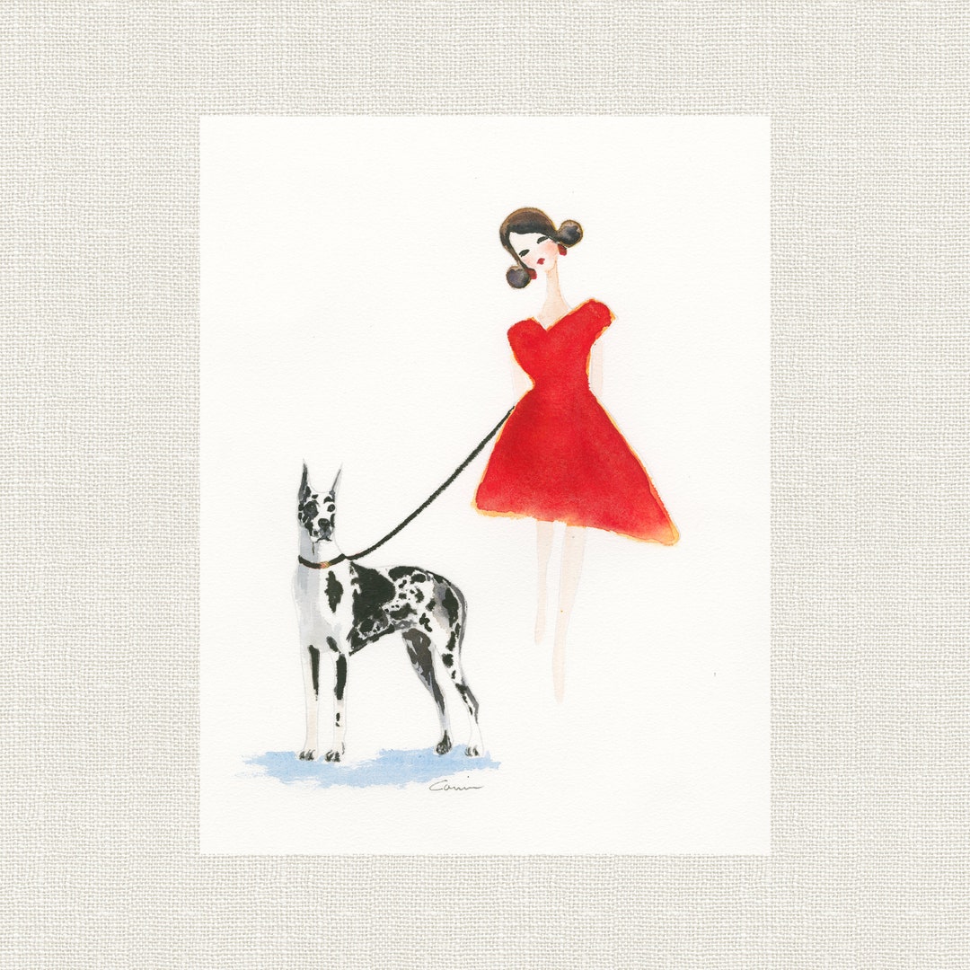 Great Dane Art Print, Lady in Red Dress, Watercolor Dog Portrait - Etsy