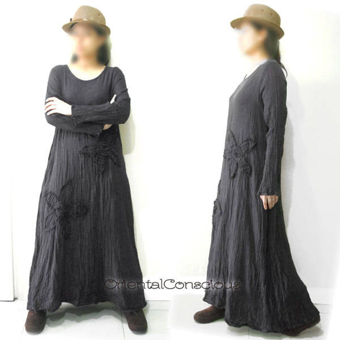 Bumpy Strong Wrinkle W Gauze Cotton Flower Motif Maxi A-line Dress ...