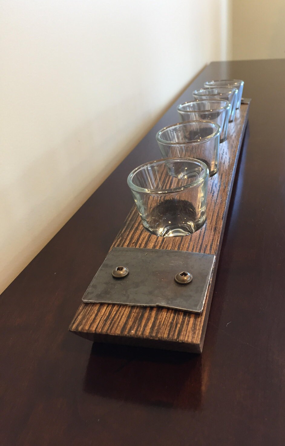 Shot Glass Flight Tray Made From Reclaimed Whiskey Bourbon Barrel Staves With 5 Shot Glasses
