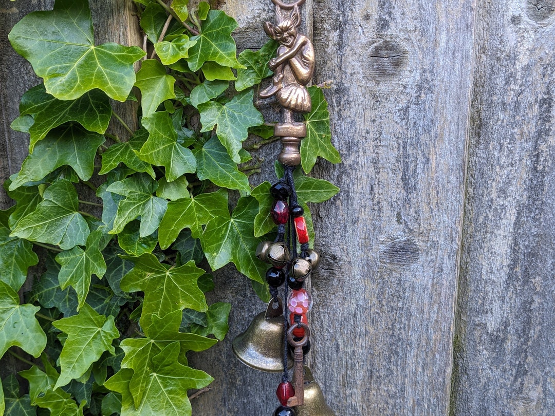 Witch Bells With Antique Brass Pixie, Home Protection Amulet for Wicca ...