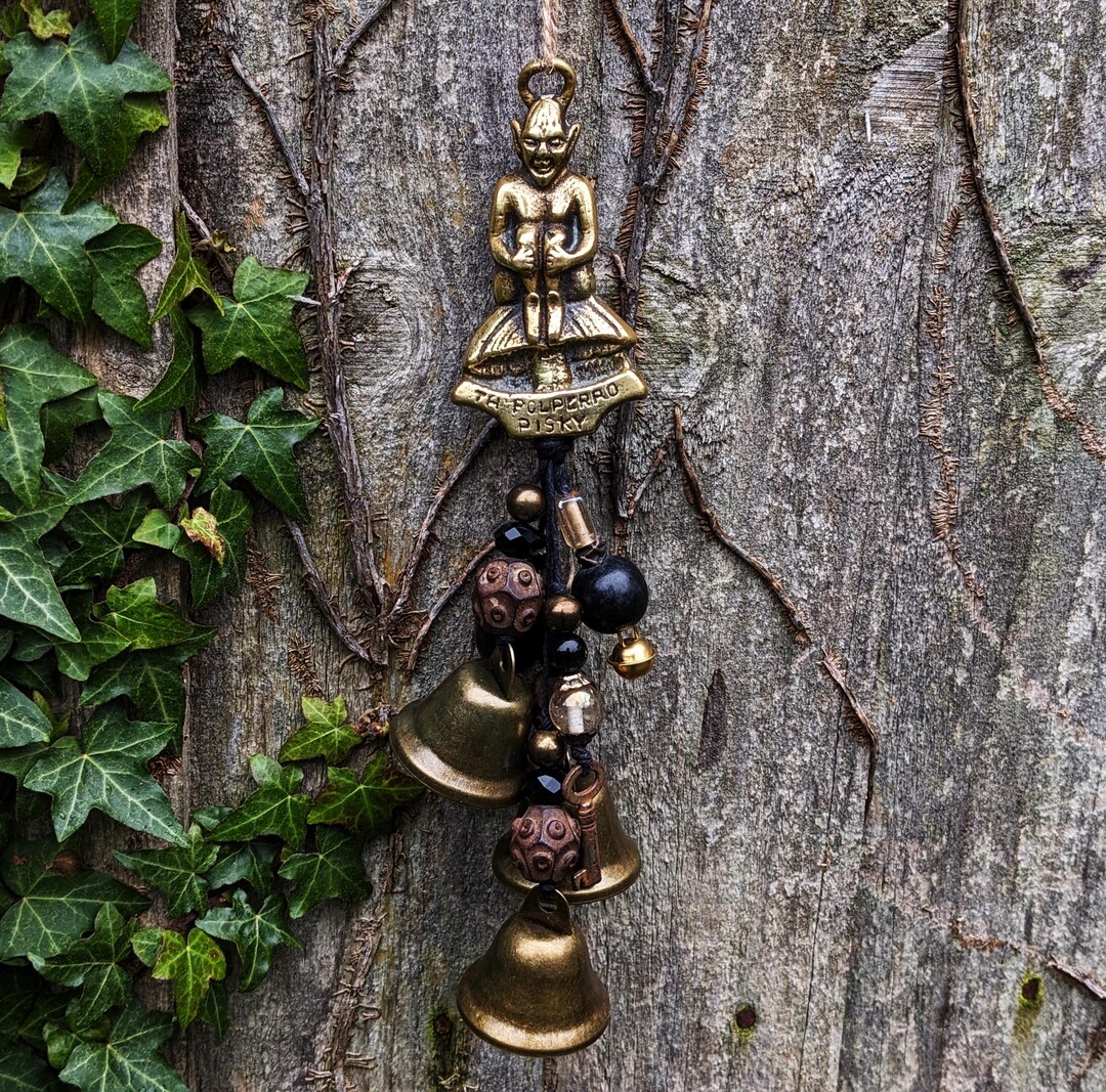 Witch Bells With Antique Brass Pixie, Home Protection Amulet, Good Luck ...