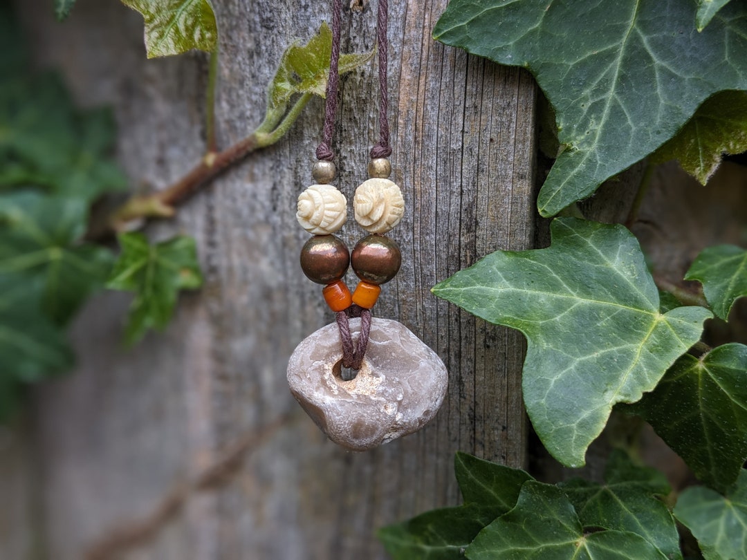 Hag Stone Pendant Protection Amulet With Carved Bone Beads for ...