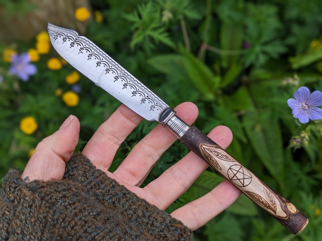 Bay Wood Athame With Pentacle, Antique Silver Plated Blade and Natural ...