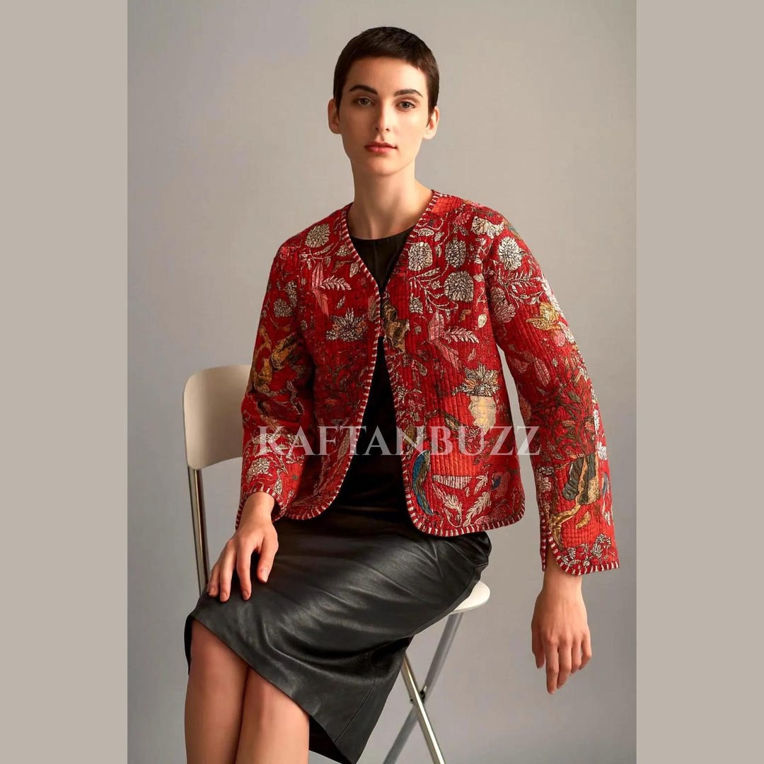 Boho Patchwork Quilted Jacket, Cotton Kantha Kimono Jacket, Red Blazer ...