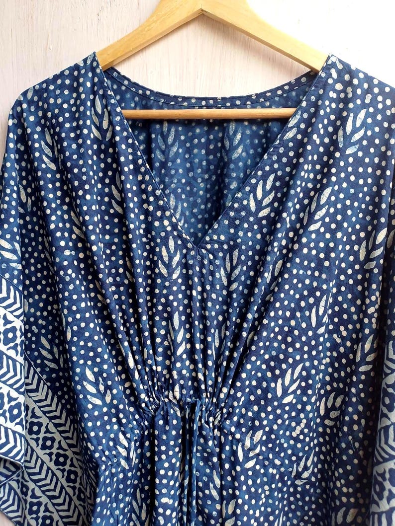 Blue Hand Block Print Cotton Caftan With Waist Tie – Plus Size Resort ...