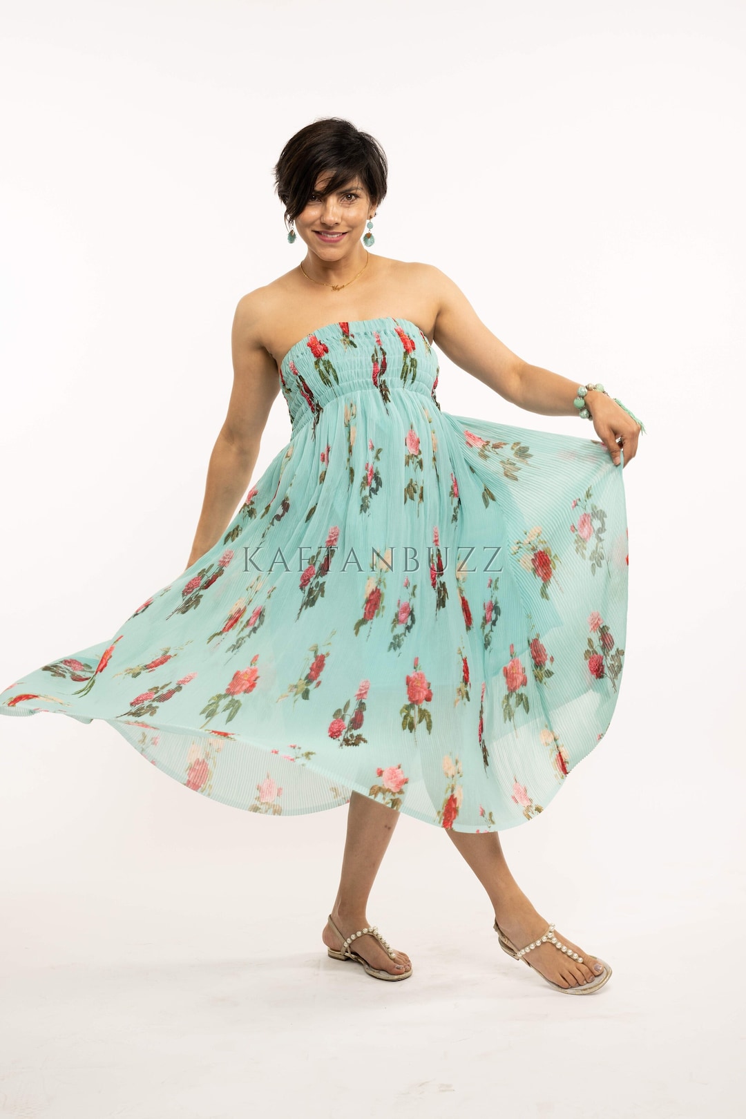 Off-shoulder Blue Floral Print Dress, Boho Beach Cover-up, Women’s ...