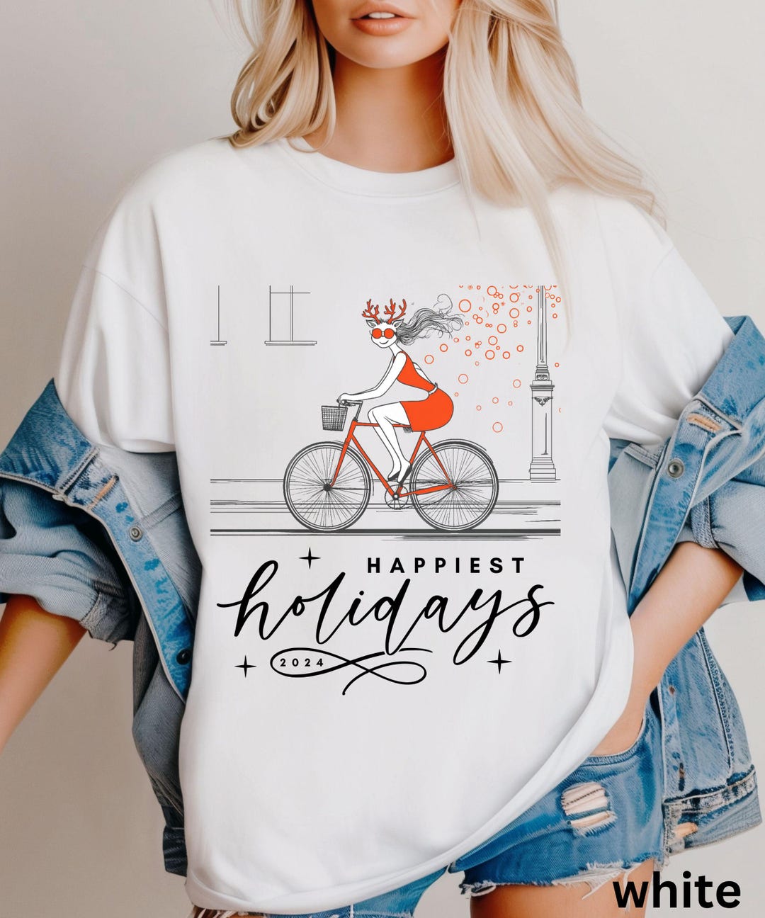 Reindeer on a Bicycle Shirt, Cute Minimalistic Reindeer Bicycle Tee ...