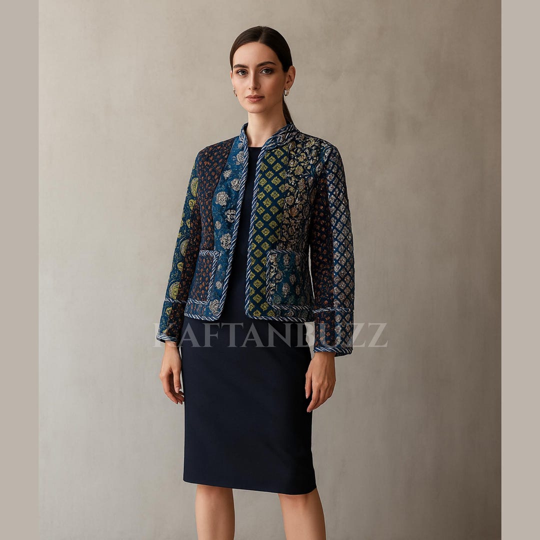 Boho Quilted Patchwork Jacket, Cotton Kantha Kimono Jacket, Blue Blazer ...