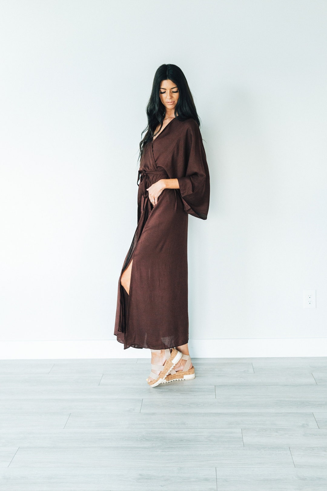 Dark Brown Robe With Pockets, Duster Cardigan, Women Kimono Robe ...