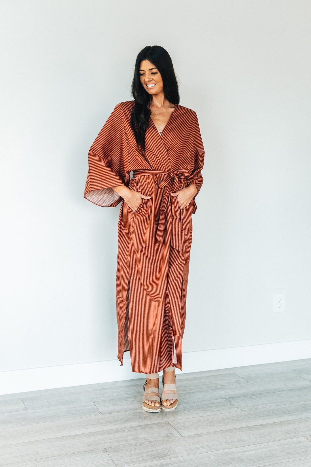 Striped Robe With Pockets, Women Kimono Robe, Plus Size Clothing ...