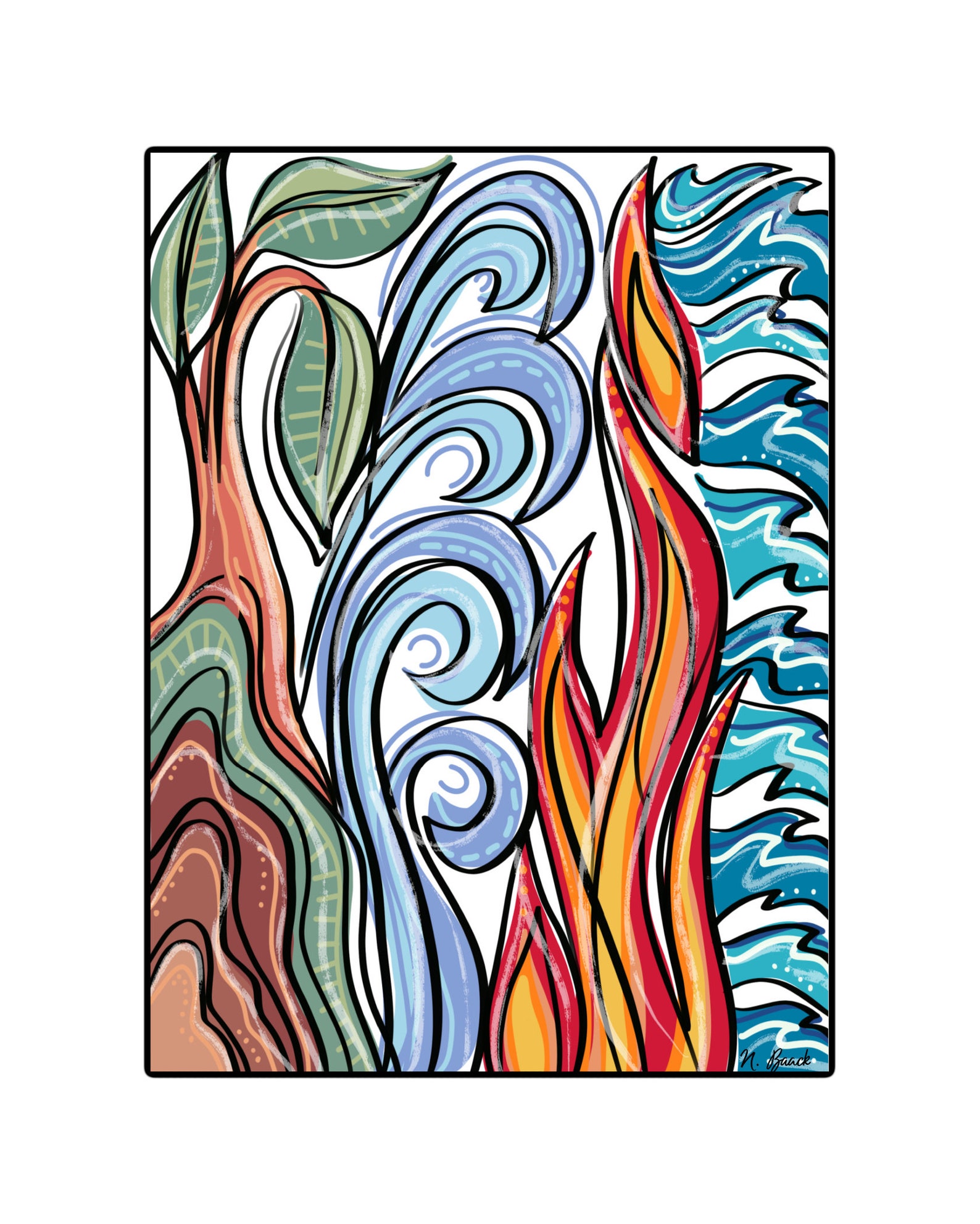 Earth, Air, Fire, Water, Four Elements Print, Abstract Nature Pattern ...