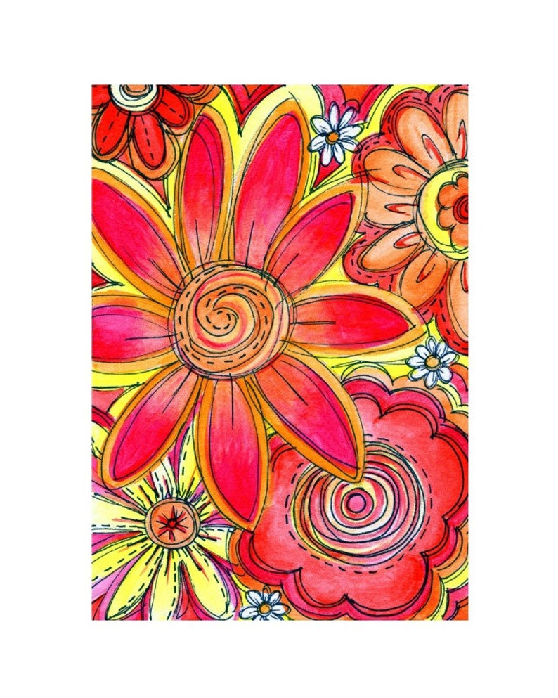 Fun Flowers Art Print Warm Colors Art Print Fun and Funky - Etsy