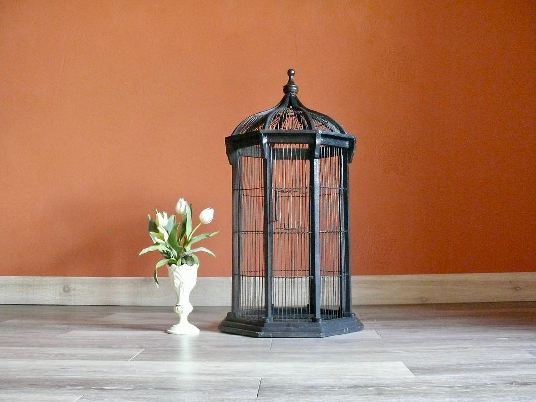 Victorian Wood and Wire Bird Cage, Vintage Large Handmade Octagon ...