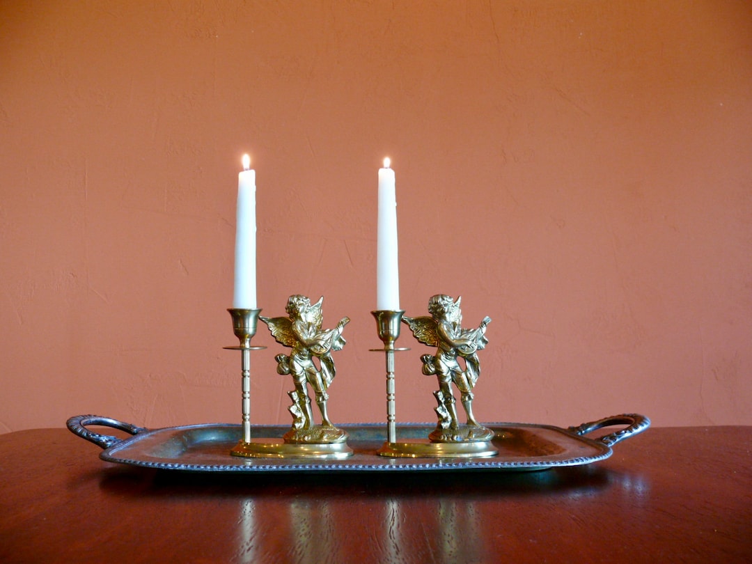 2 Cast Brass Angel With Lute Candleholders, Matching Winged Cupid Angel ...