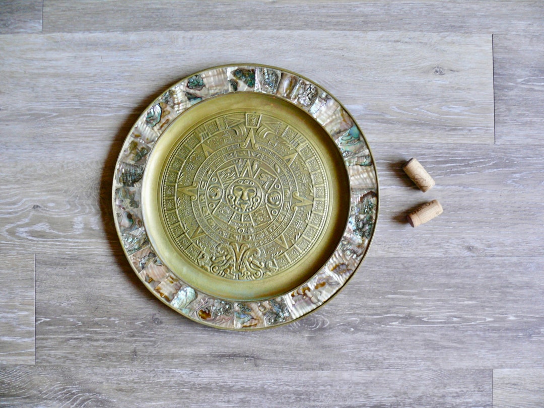 Vintage 14 Aztec Sun Stone Brass and Abalone Shell Wall Tray Made in ...
