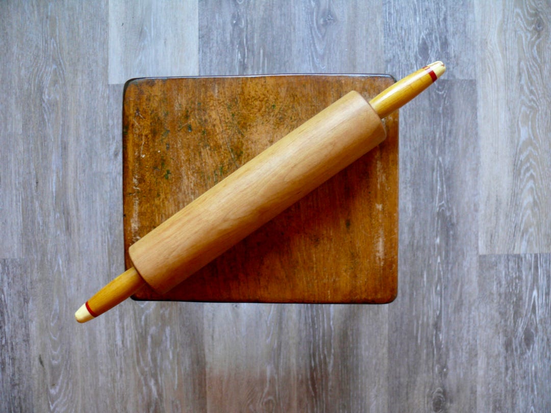 Solid Wood Rolling Pin With Red Yellow Painted Wood Handles, Rustic ...