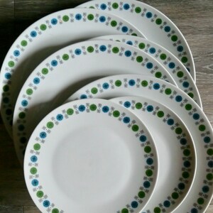 7 Vintage Geometric Star Blue Green Dot Dinner Salad Plates, Atomic ...