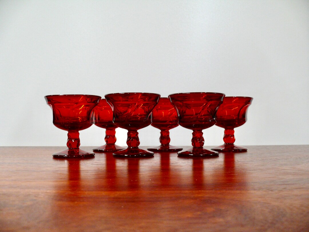 6 Fostoria Ruby Red Jamestown Champagne Coupes, Vintage Red Swirl Glass ...
