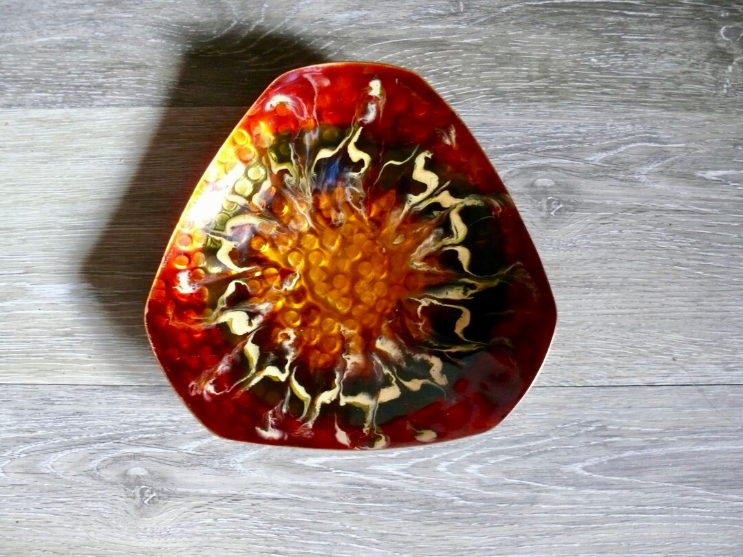 Red Enameled Hammered Copper Dish, Vintage 8" Triangle Drip Enamel ...