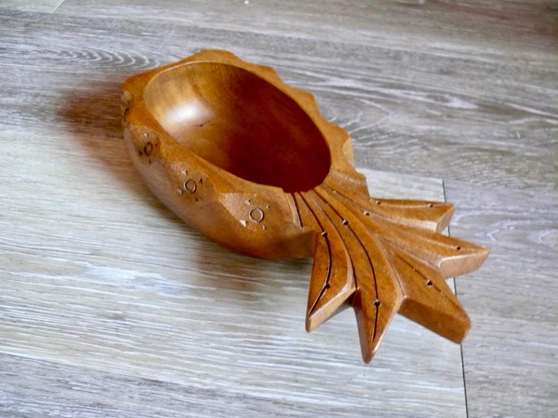Vintage Wood Pineapple Toothpick Appetizer Bowl Carved Wood | Etsy
