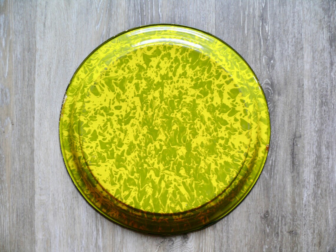 Yellow Green Splatterware Enamel Tray Black Trim Vintage | Etsy
