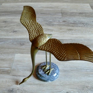 Unique Bowing Brass Crane Statue on Gray Marble Base, Large Brass Wader ...