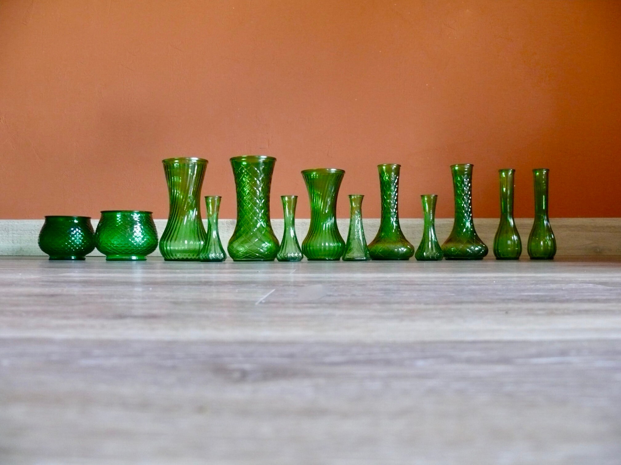 13 Assorted Set Green Glass Vases Vintage Emerald Green Glass | Etsy