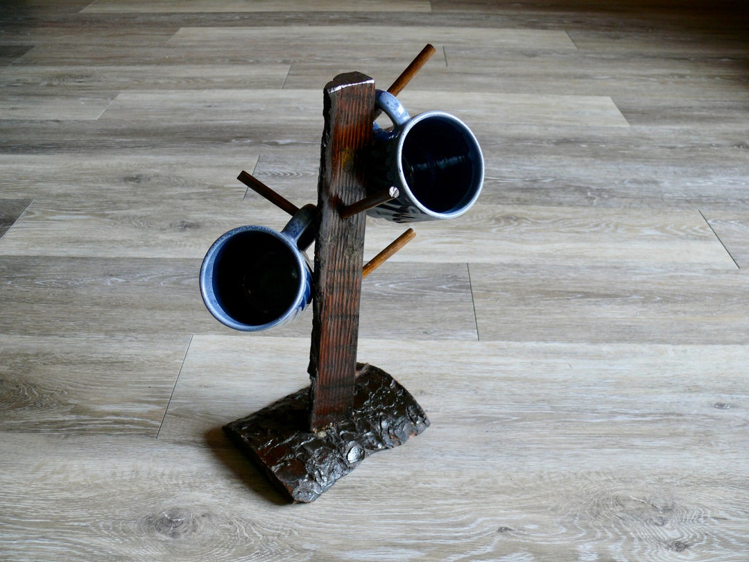 Rustic Wood Bark Mug Tree Stand, Coffee Cup Holder, Cabin Kitchen Decor ...