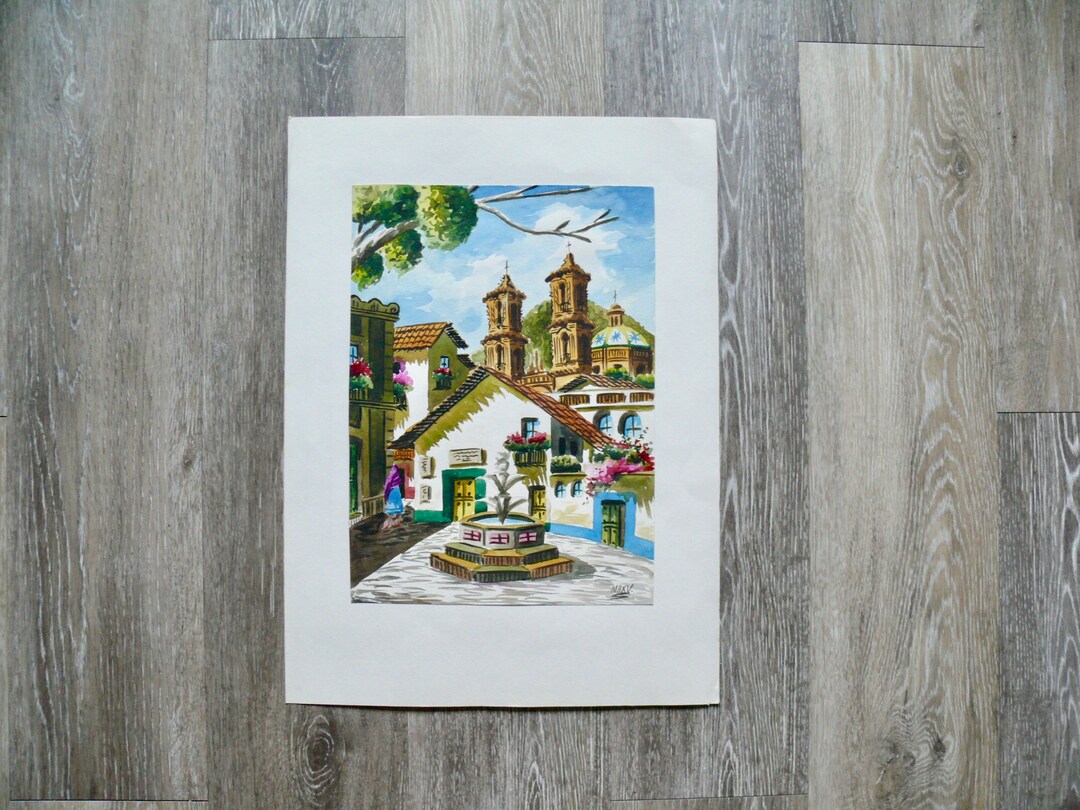 Max Vidal Watercolor Painting, 1950s Taxco Mexico Village Scene With ...
