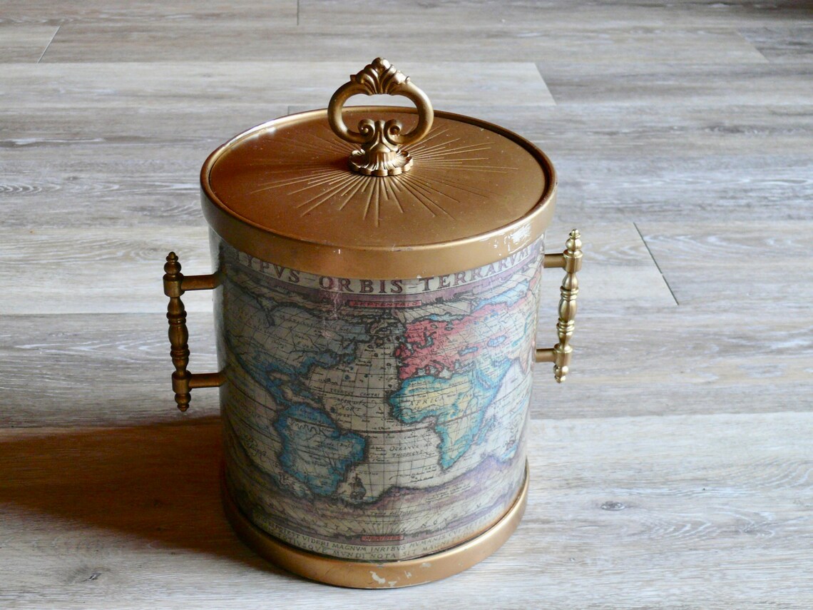 Old World Nautical Map Ice Bucket Vintage Gold Metal Ice | Etsy