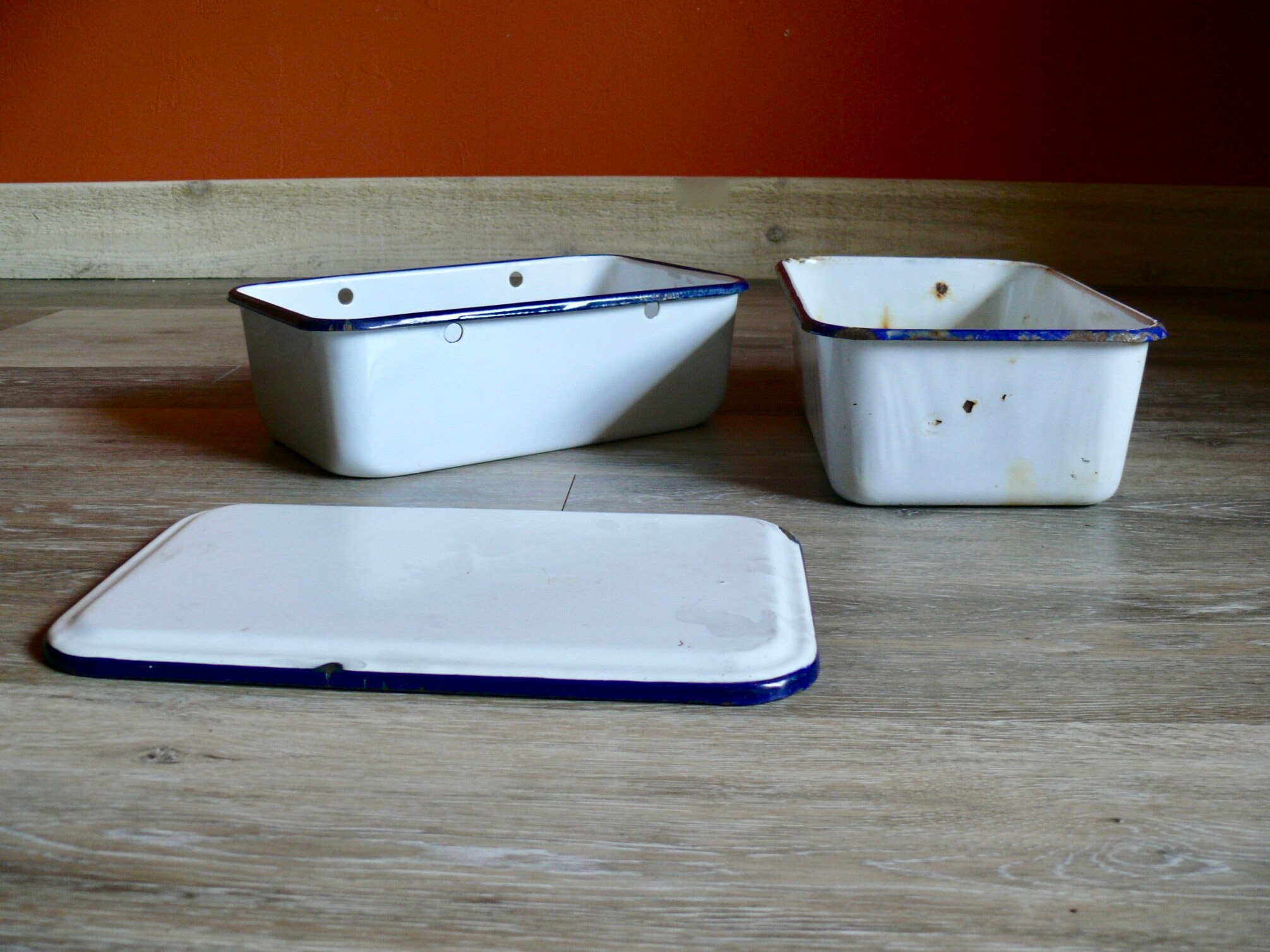 2 White Enamel Refrigerator Boxes With Blue Edge and Lid - Etsy