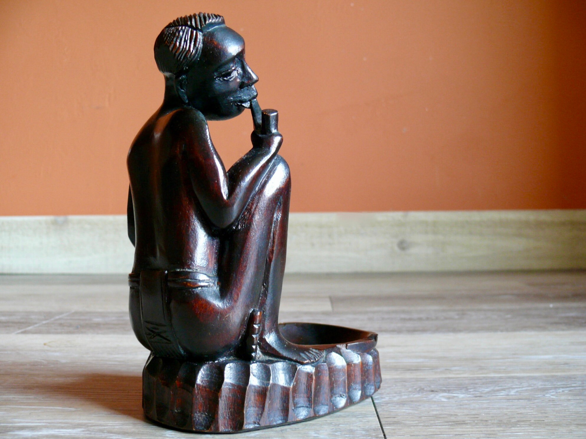 Carved Wood Figure Smoking a Pipe Ashtray Trinket Dish - Etsy