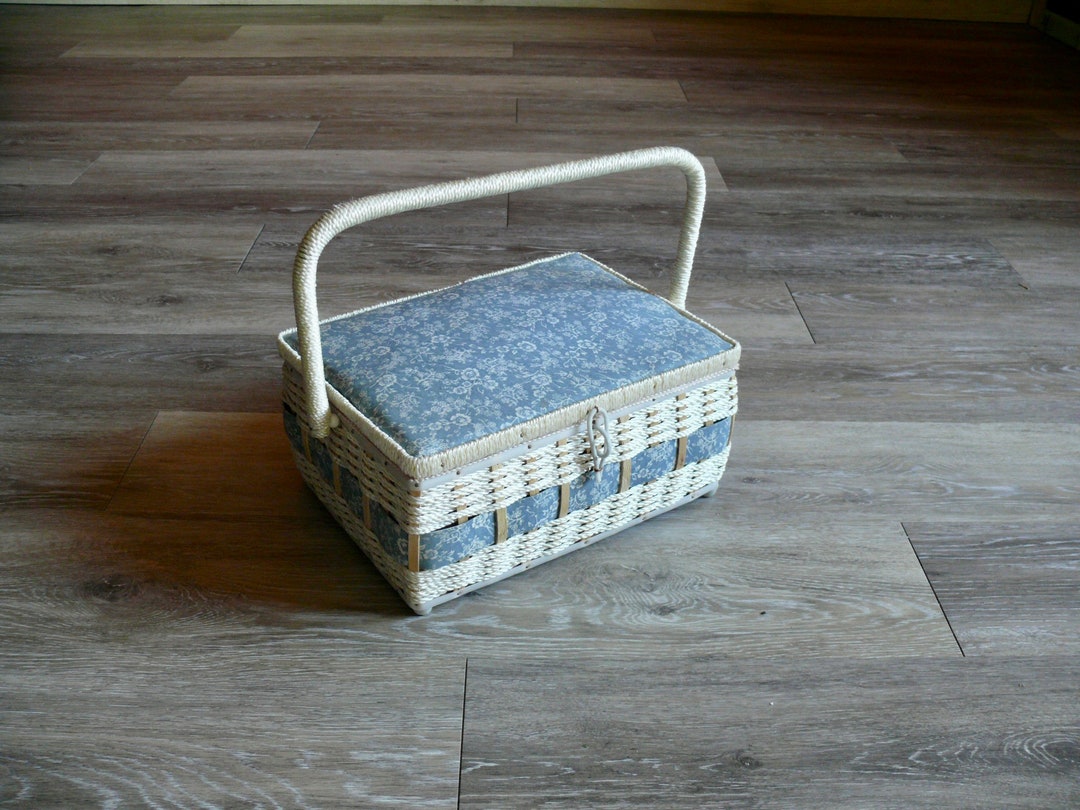 Woven Wicker Sewing Basket With Blue Floral Lid and Pink Satin Lining ...