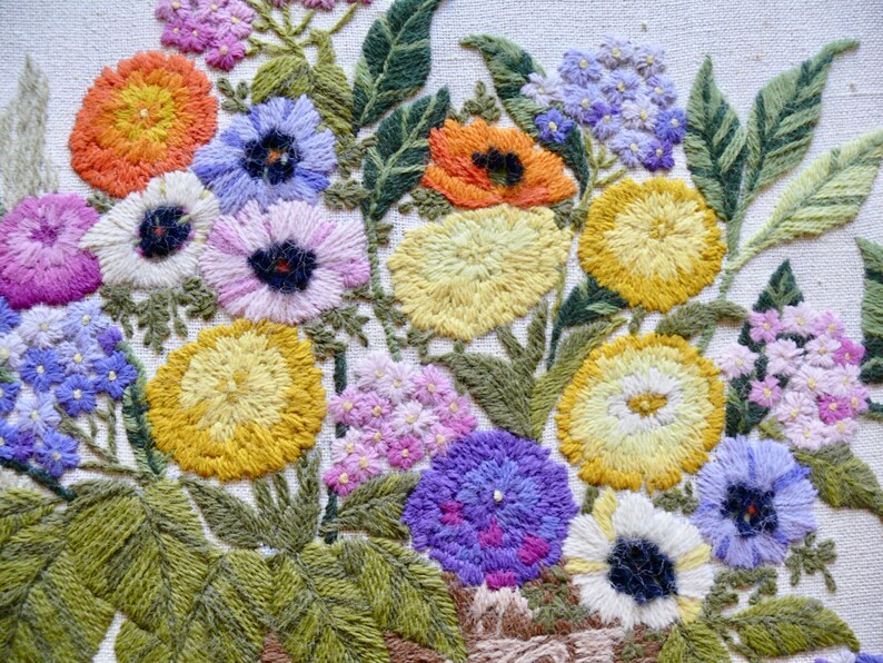 70s Crewel Embroidery Flower Bouquet in Basket Wall Art in - Etsy