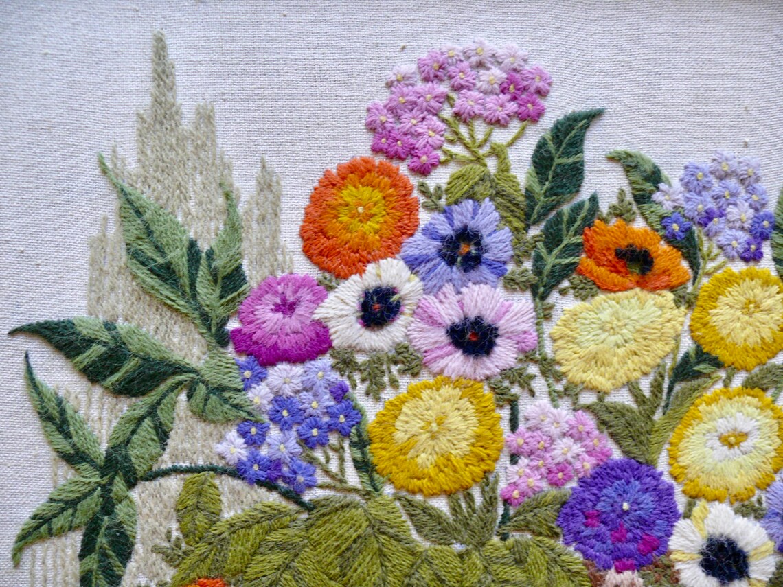 70s Crewel Embroidery Flower Bouquet in Basket Wall Art in | Etsy
