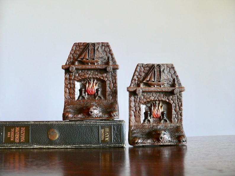 Syroco Fireplace Scene Bookends, Vintage 1940s Wood Mantle Cabin ...