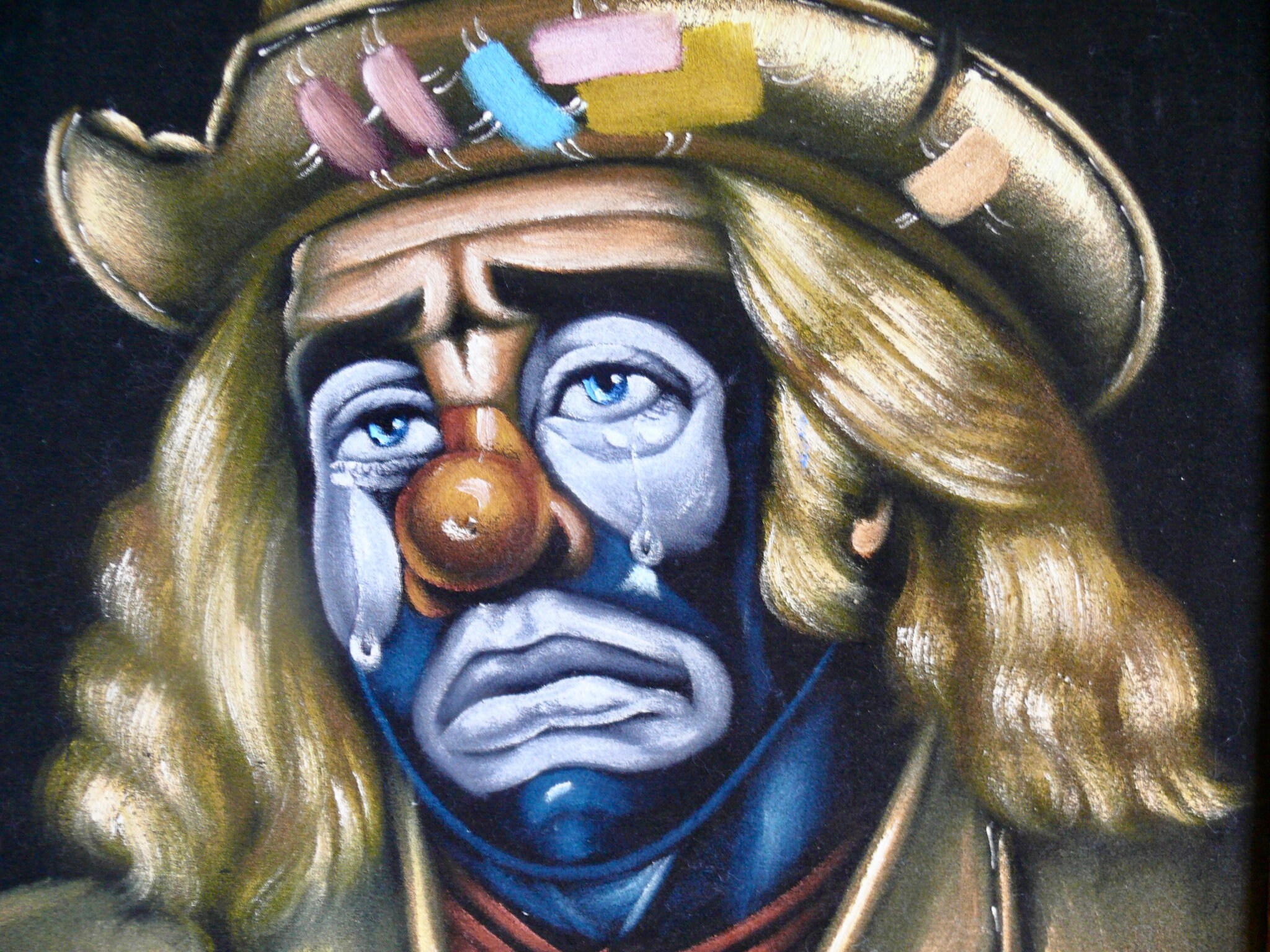 Vintage Sad Clown With Hat Painting on Black Velvet Original - Etsy
