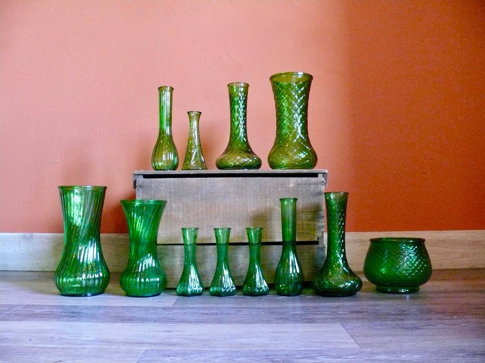 13 Assorted Set Green Glass Vases Vintage Emerald Green Glass | Etsy