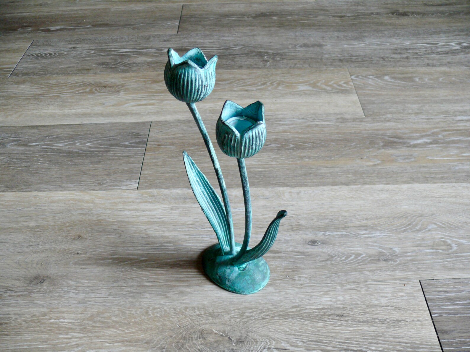Vintage Verdigris Brass Tulip Sculpture, Double Flower Candle Holder ...