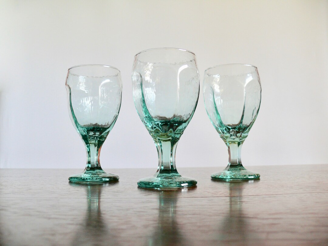 3 Libbey Chivalry Green Goblets, 12oz Vintage Textured Paneled Glasses ...