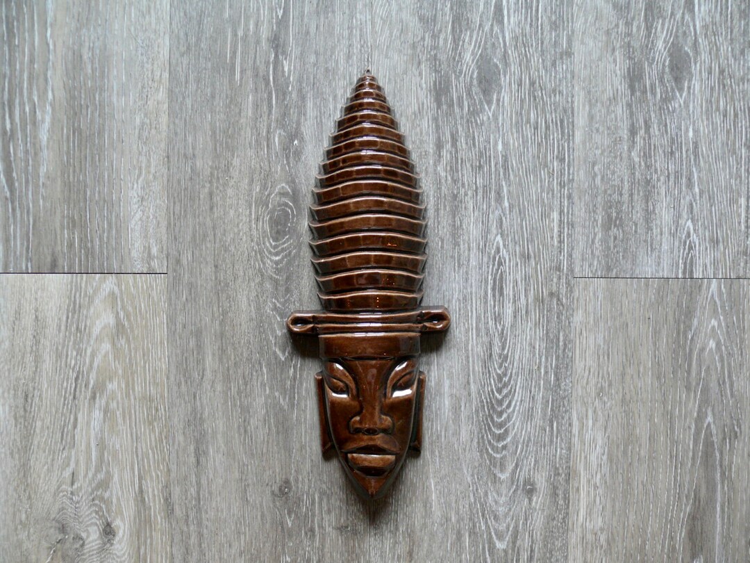 Mallory Ceramic Studio Tribal Mask, Vintage Mid Century Brown Glaze ...